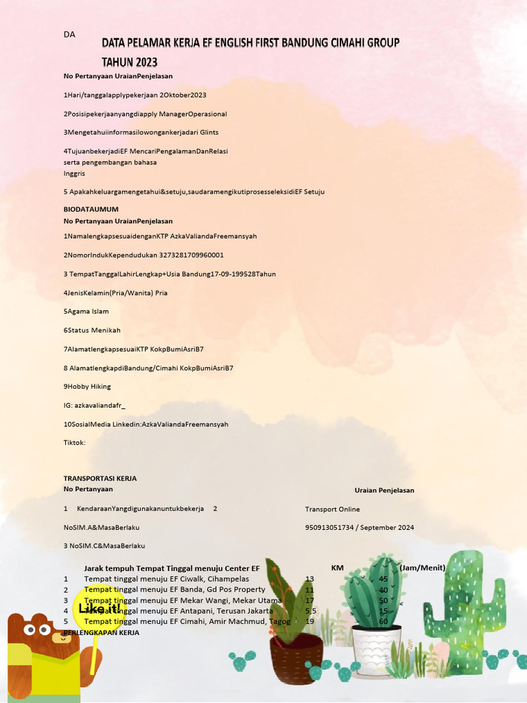 Formulir Data Pelamar Kerja EF 2023.Pdf - 20231002 - 113817 - 0000 | PDF