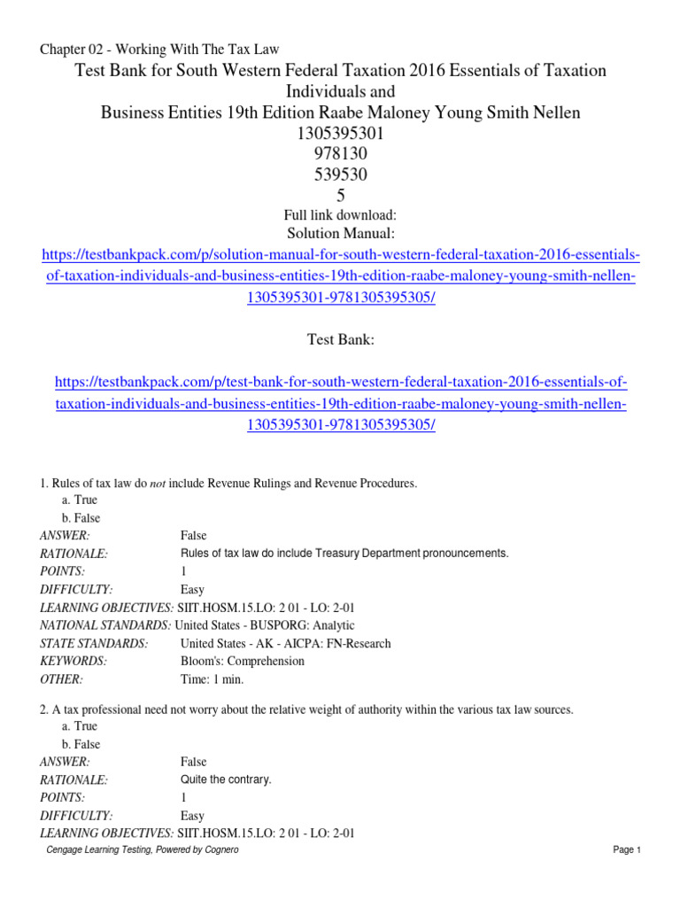 Test Bank For South Western Federal Taxation 2016 Essentials of ...