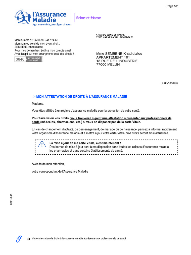 AttestationDroits SécuritéSociale | PDF