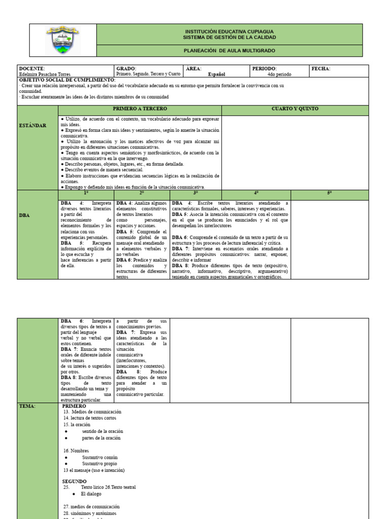 Formato Planeación Multigrado Español | PDF