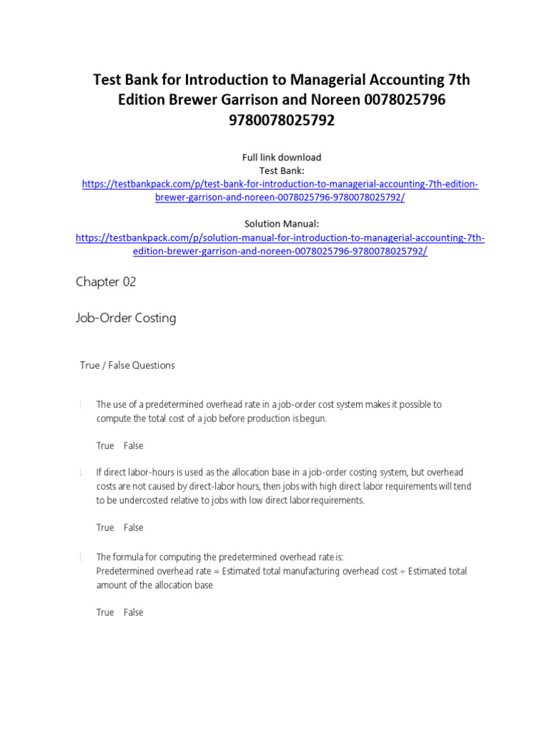 Test Bank For Introduction To Managerial Accounting 7th Edition Brewer ...