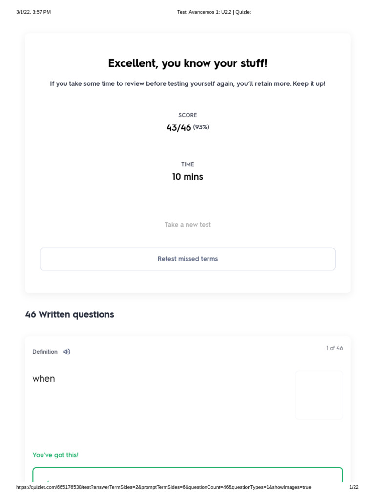 Test - Avancemos 1 - U2.2 - Quizlet | PDF