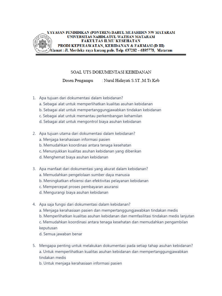 SOAL UTS DOKUMENTASI KEBIDANAN | PDF