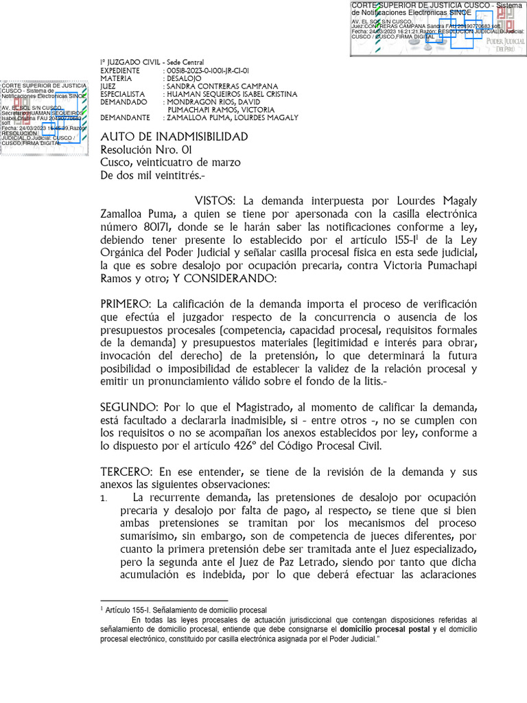 Auto 01 Inadmisibilidad de La Demanda | PDF