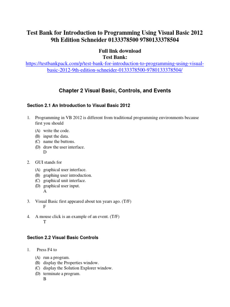 Test Bank For Introduction To Programming Using Visual Basic 2012 9th ...