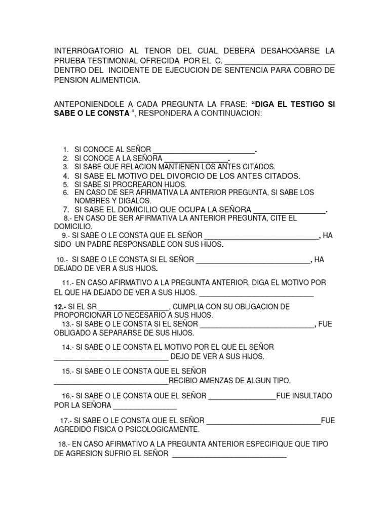 Interrogatorio Testigos Juicio de Pension Alimenticia | PDF