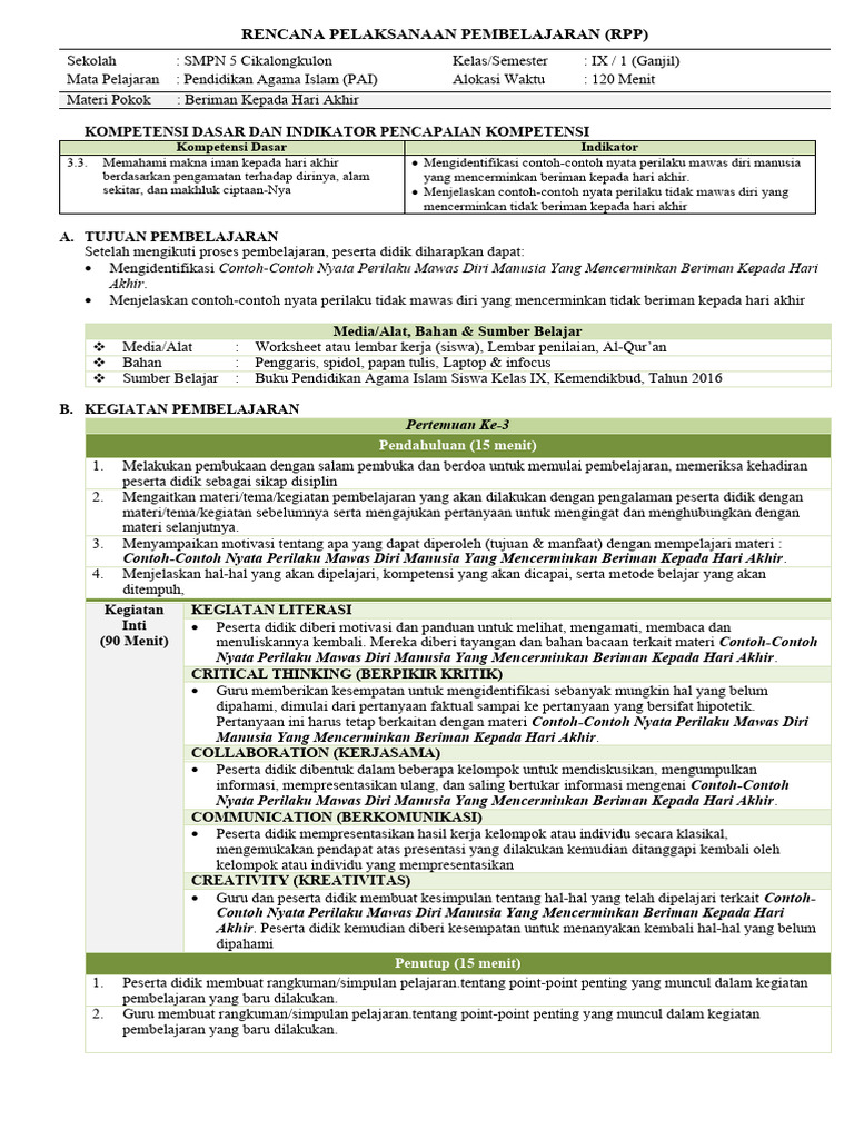 RPP KLS 9 Iman Kepada Hari Akhir 3 | PDF