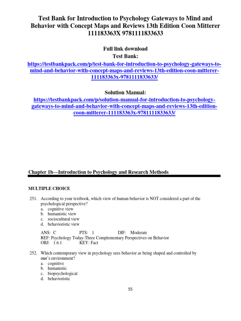 Test Bank For Introduction To Psychology Gateways To Mind and Behavior ...