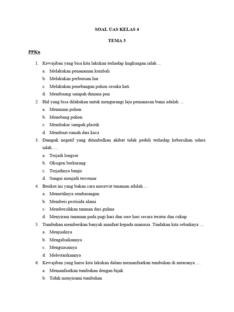 Soal Uas Kelas 4 Tema 3 4 5 | PDF