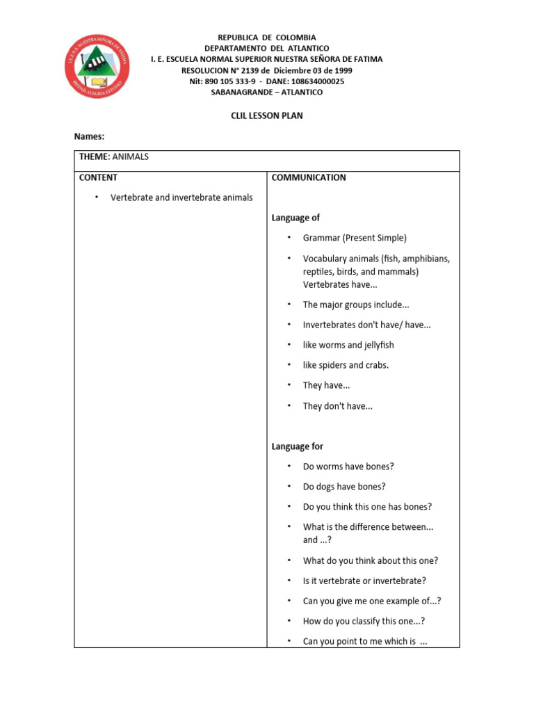 Clil Lesson Plan Format | PDF | Invertebrate | Cognitive Science