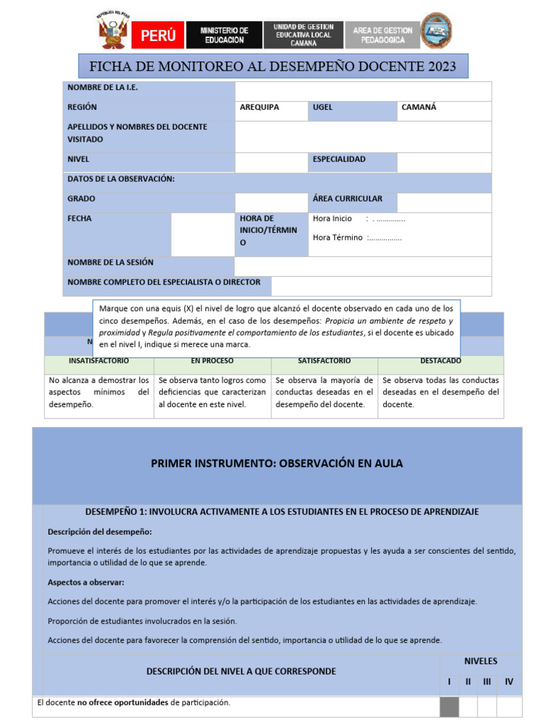 Ficha de Monitoreo Al Desempeño Docente - Ugel Camaná 2022 | PDF | Creatividad | Pensamiento