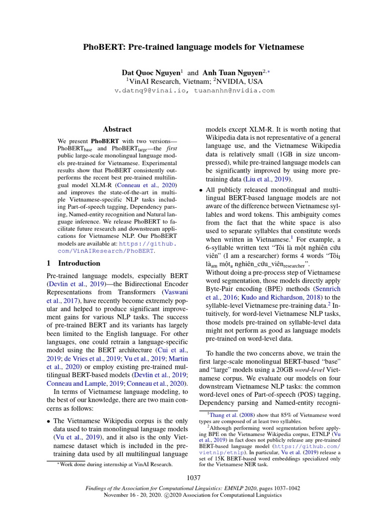 PhoBERT - Pre-Trained Language Models For Vietnamese | PDF