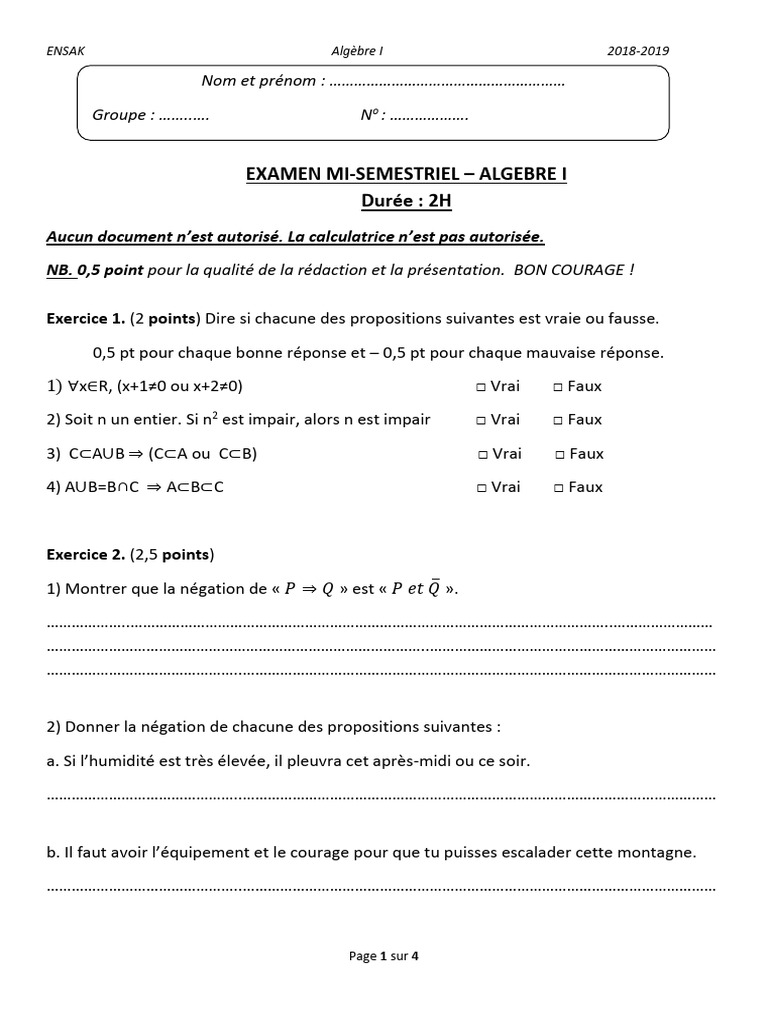 CC1 Algebre 1 - 2018-2019 | PDF