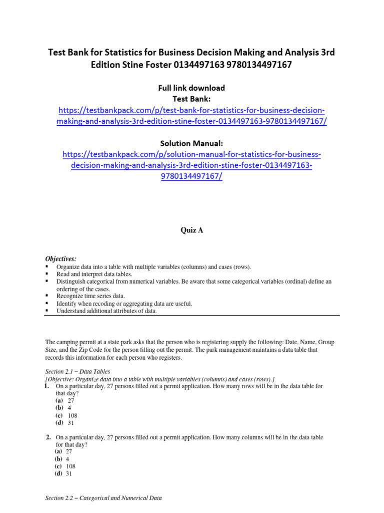 Test Bank For Statistics For Business Decision Making and Analysis 3rd ...
