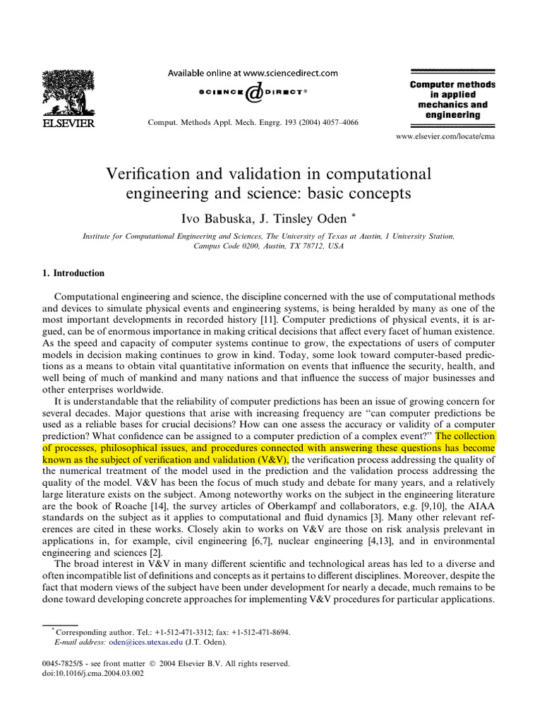 Verification And Validation In Computational Engineering And Science