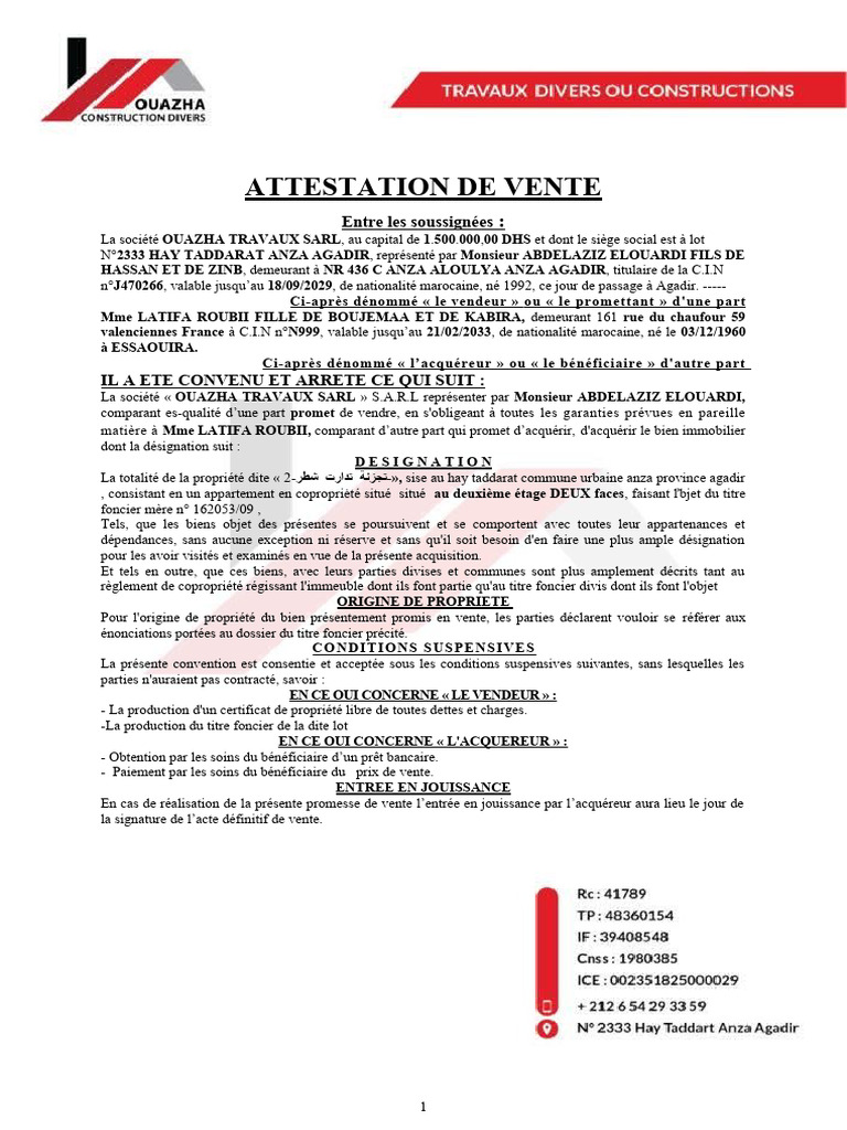 Attestation De Vente Immobiliere