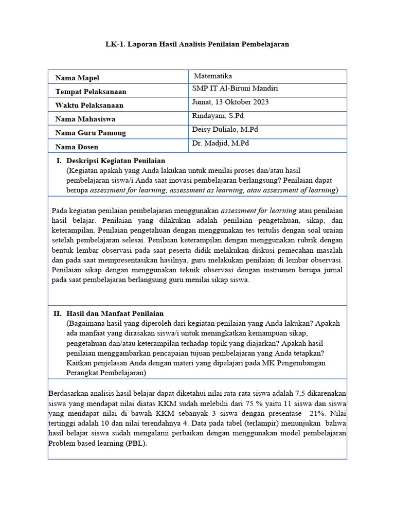 LK 1 Laporan Hasil Analisis Penilaian Pembelajaran | PDF