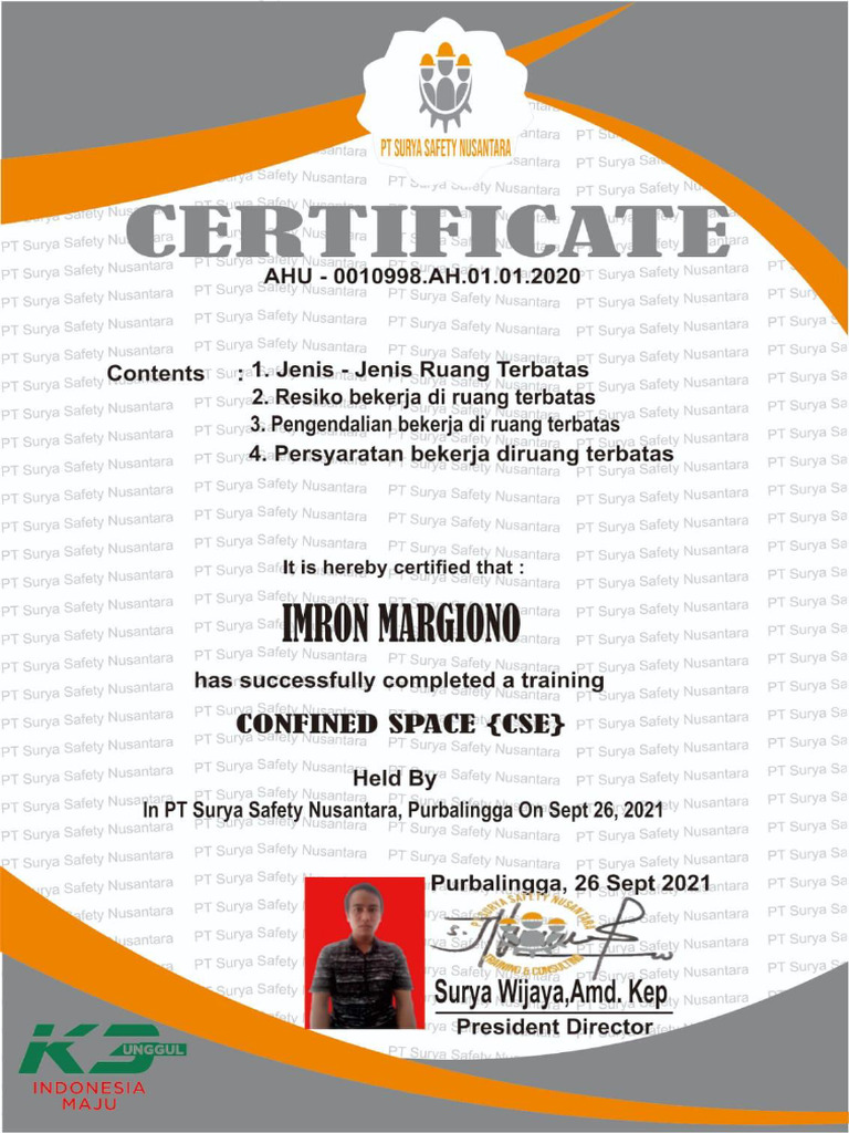 Sertifikat Confined Space - IMRON | PDF