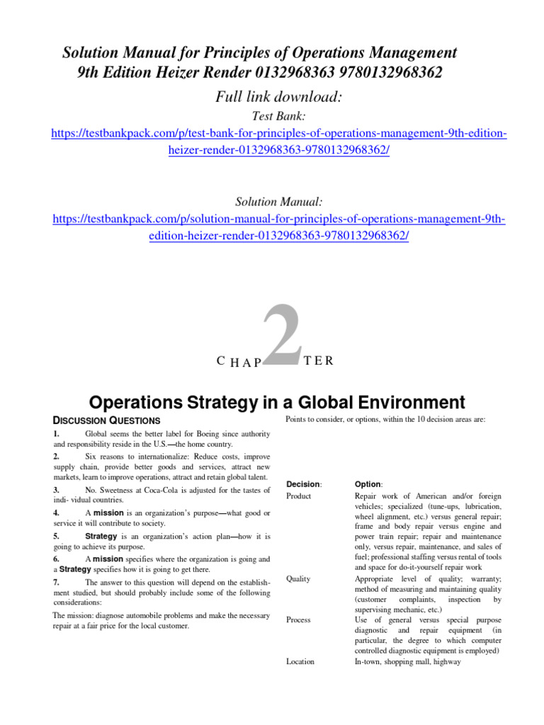 Solution Manual For Principles of Operations Management 9th Edition Heizer Render 0132968363 ...