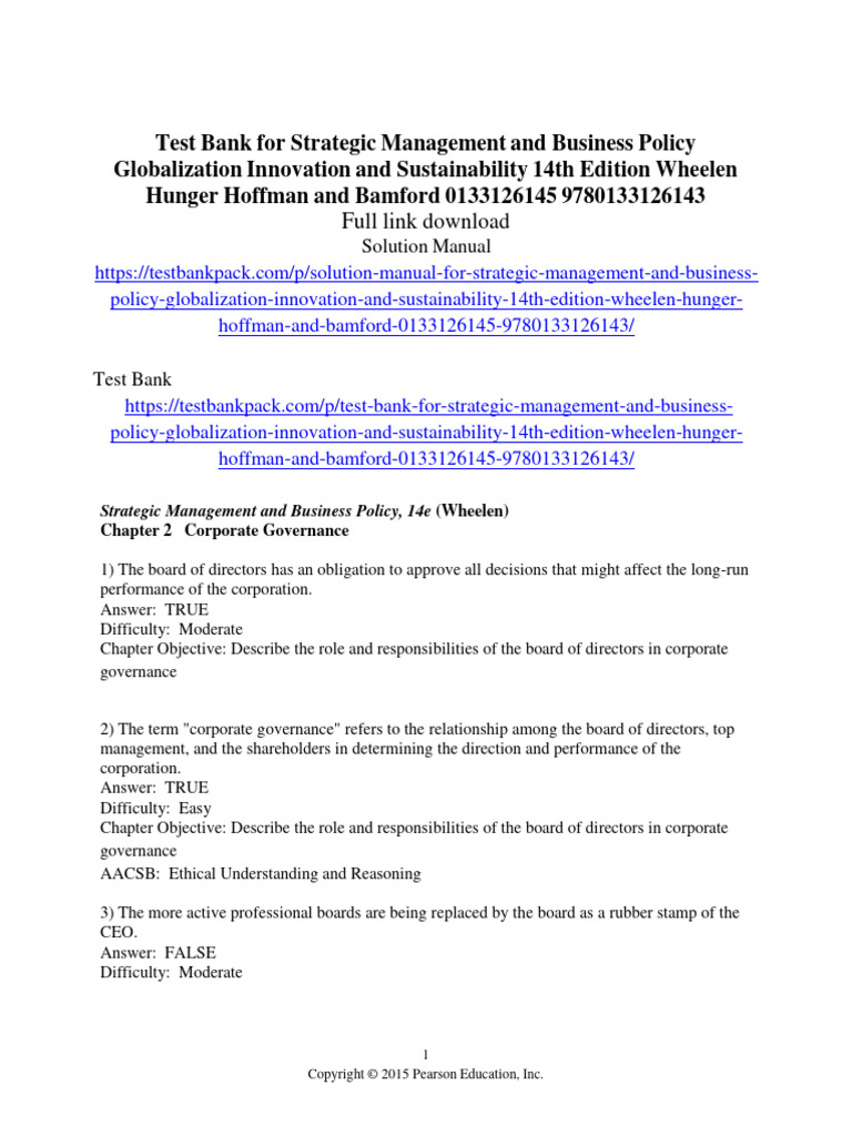Test Bank For Strategic Management and Business Policy Globalization ...