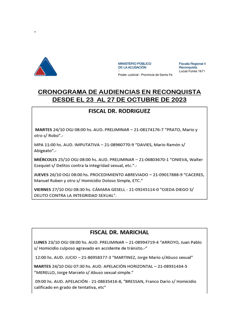 Cronograma de Audiencias en Reconquista Desde El 23 Al 27 de Octubre ... Cronograma de Audiencias en Reconquista Desde El 23 Al 27 de Octubre ...