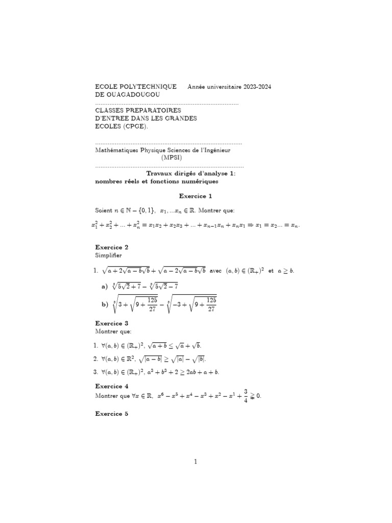 Fiches TD Analyse MPSI | PDF | Arithmétique | Mathématiques élémentaires