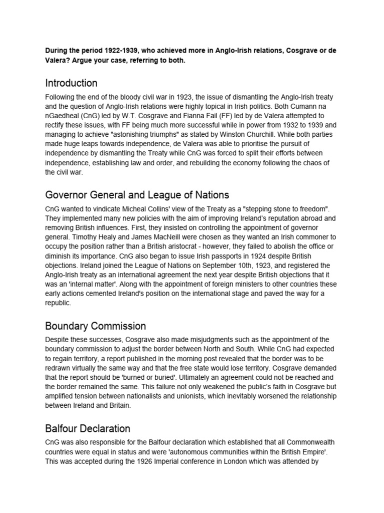 Anglo-Irish Relations - LC History Essay | PDF