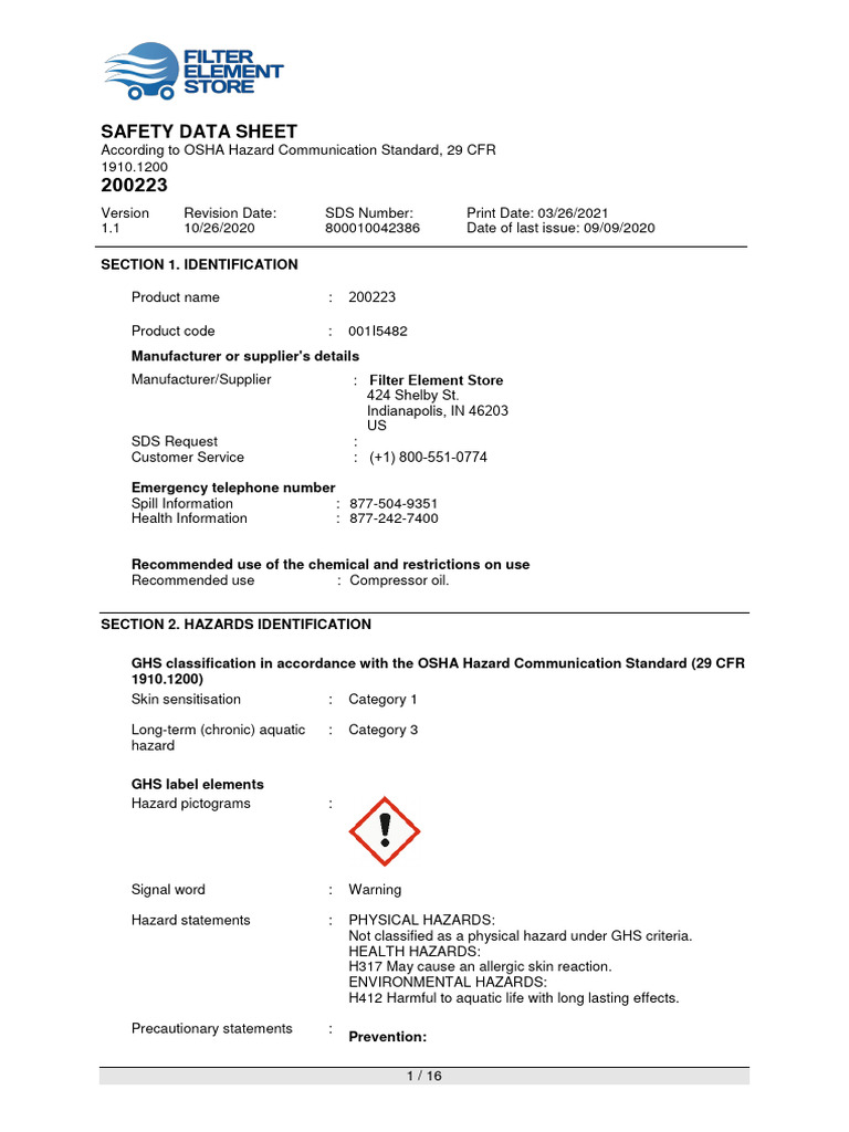 SDS FES 200223 SH Synthetic 46 Compressor Lubricant | PDF | Dangerous ...