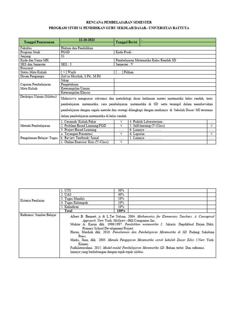 RPS Pembelajaran MTK Kelas Rendah | PDF