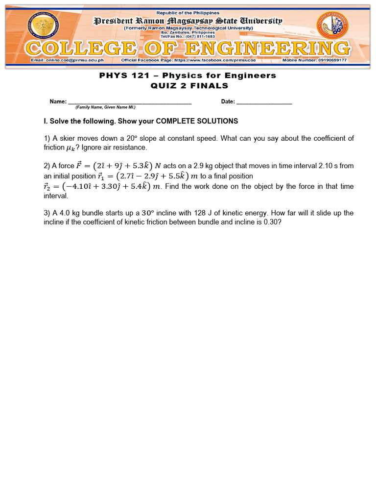 Quiz 2 Finals Phys 121 BSCPE Solution | PDF