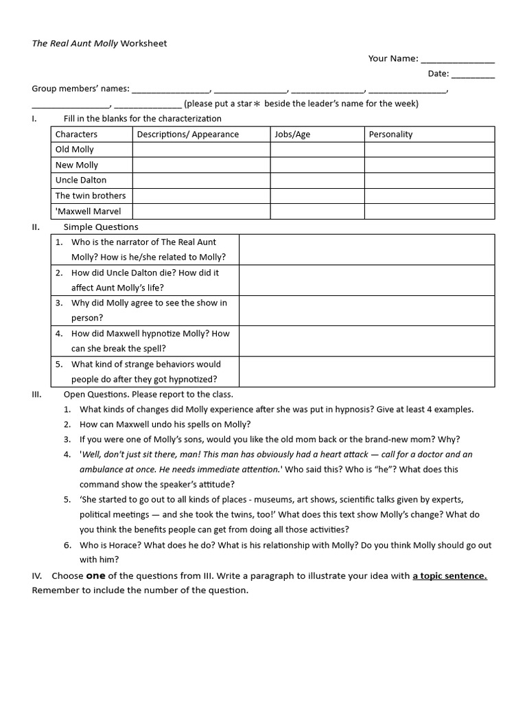 The Real Aunt Molly Worksheet | PDF