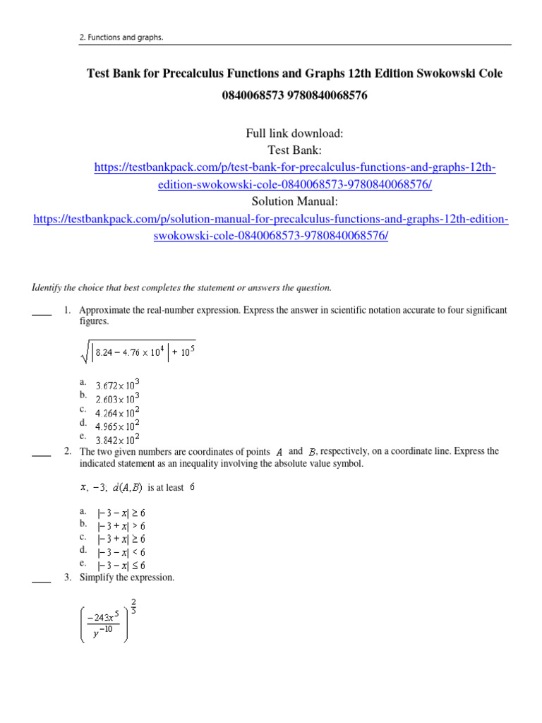 Test Bank Precalculus Functions and Graphs 12th Edition Swokowski Cole ...