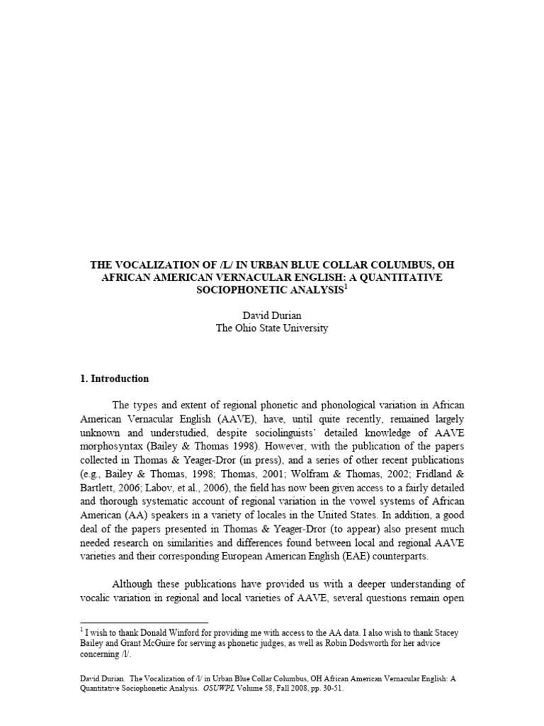 The Vocalization of L in Urban Blue Collar Columbus, OH AAVE | PDF