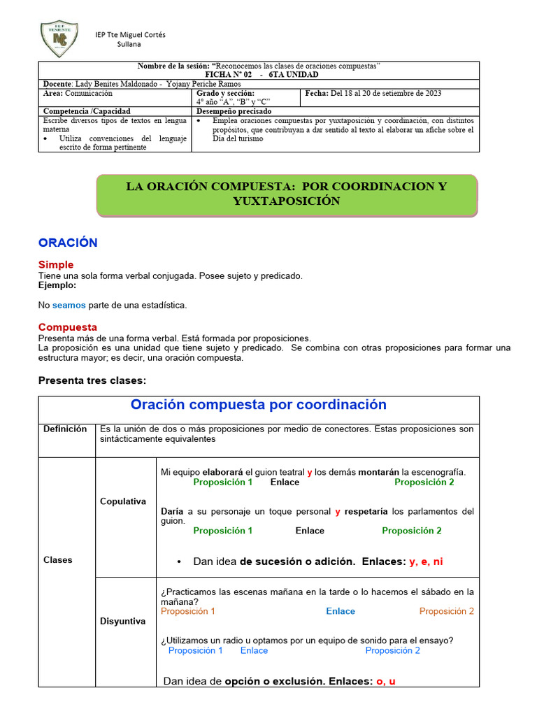 Copia 2° La Oración Compuesta Por Coordinación y Yuxtaposición | PDF