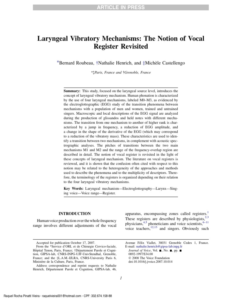 Laryngeal Vibratory Mechanisms: The Notion of Vocal Register Revisited | PDF