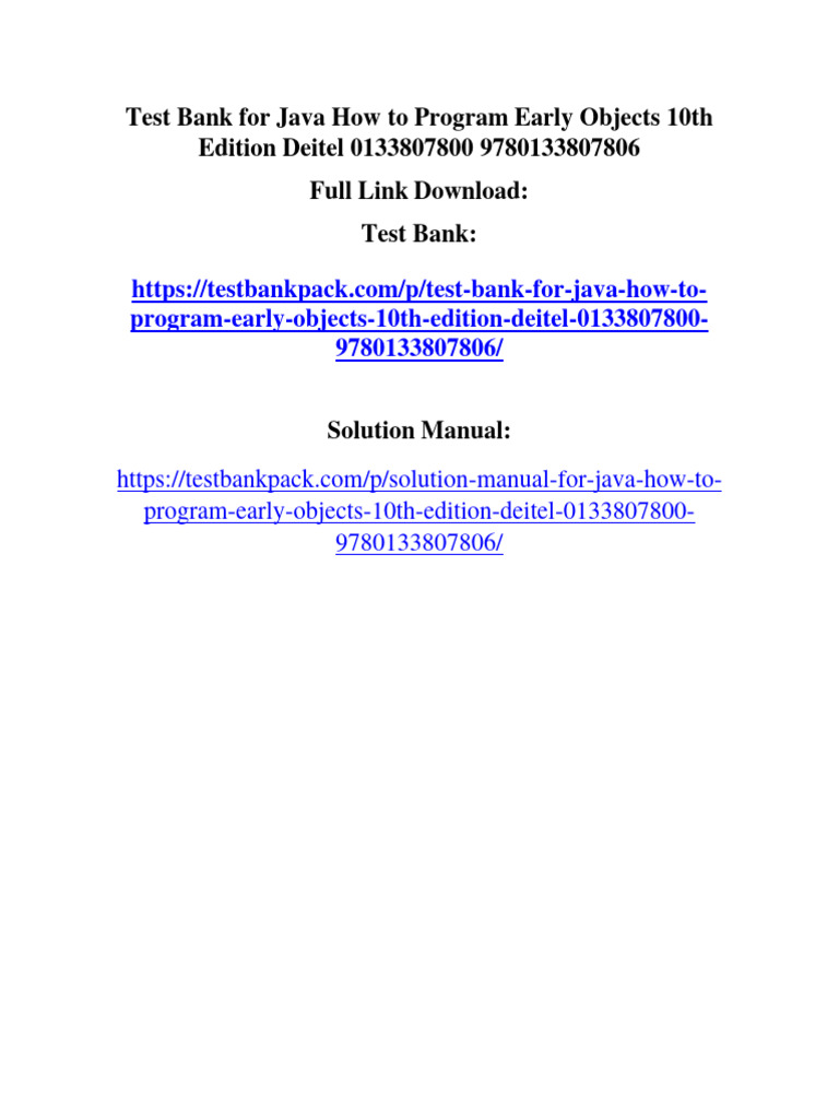 Test Bank For Java How To Program Early Objects 10th Edition Deitel 0133807800 9780133807806