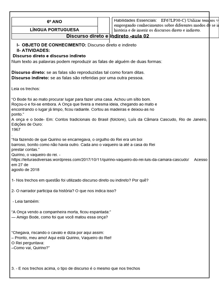 aula 02 Atividades Discurso direto e indireto - - 6º ano | PDF
