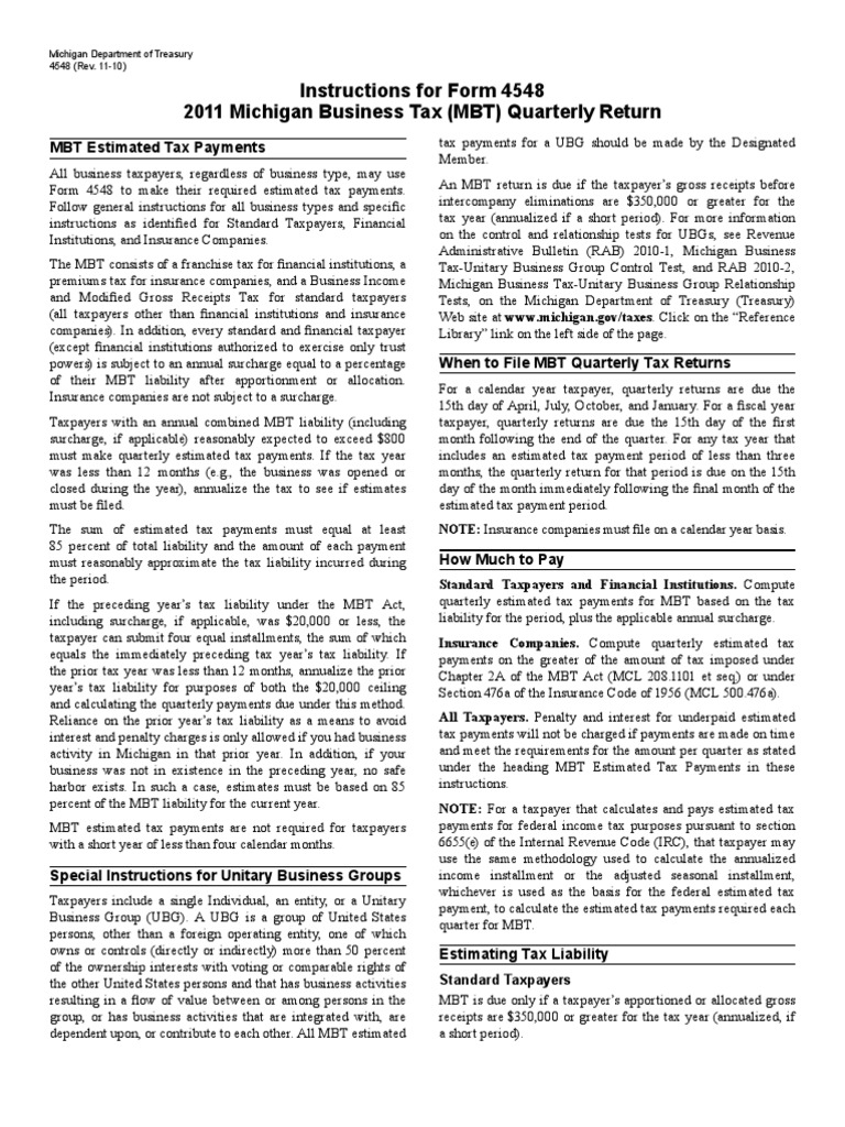 Instructions For Form 4548 2011 Michigan Business Tax (MBT) Quarterly ...