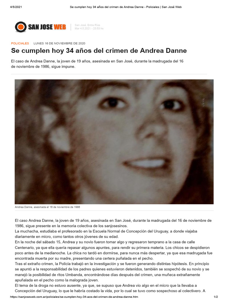 Se cumplen hoy 34 años del crimen de Andrea Danne - Policiales _ San ...