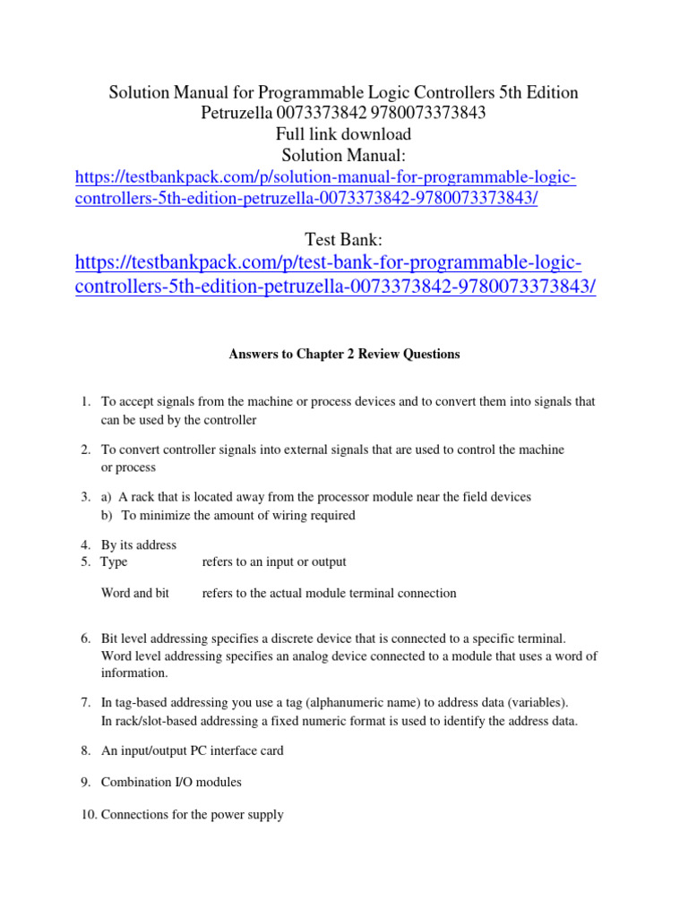 Solution Manual For Programmable Logic Controllers 5th Edition Petruzella 0073373842 ...