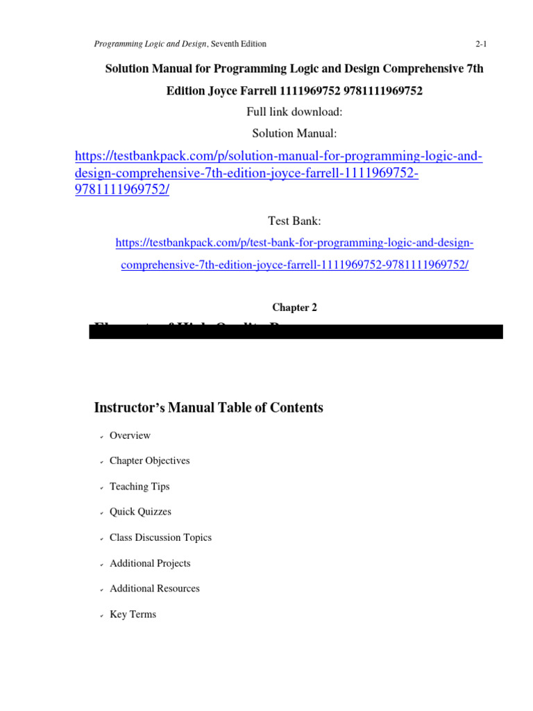 Solution Manual For Programming Logic and Design Comprehensive 7th Edition Joyce Farrell ...