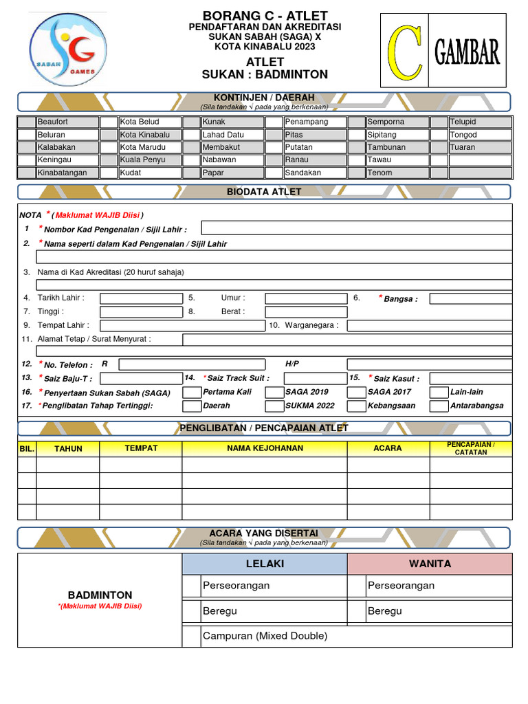 Borang C (Pendaftaran Atlet) - Tindakan Pegawai Pengelola | PDF