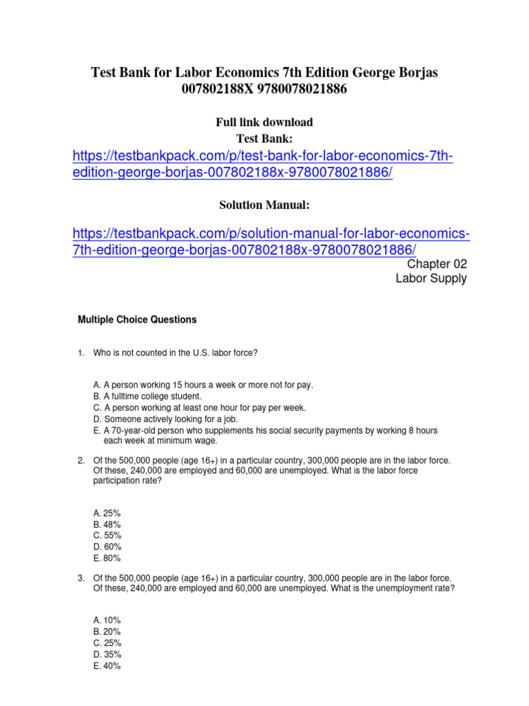 Test Bank For Labor Economics 7th Edition George Borjas 007802188X ...
