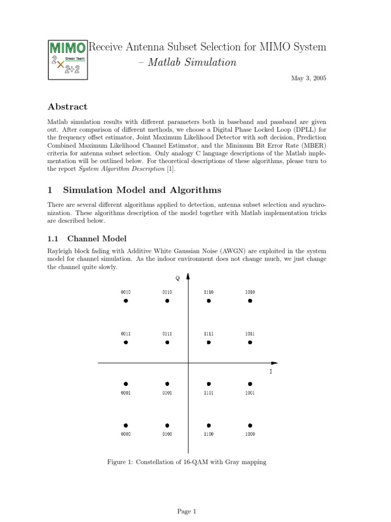 Receive Antenna Subset Selection For Mimo System Matlab Simulation