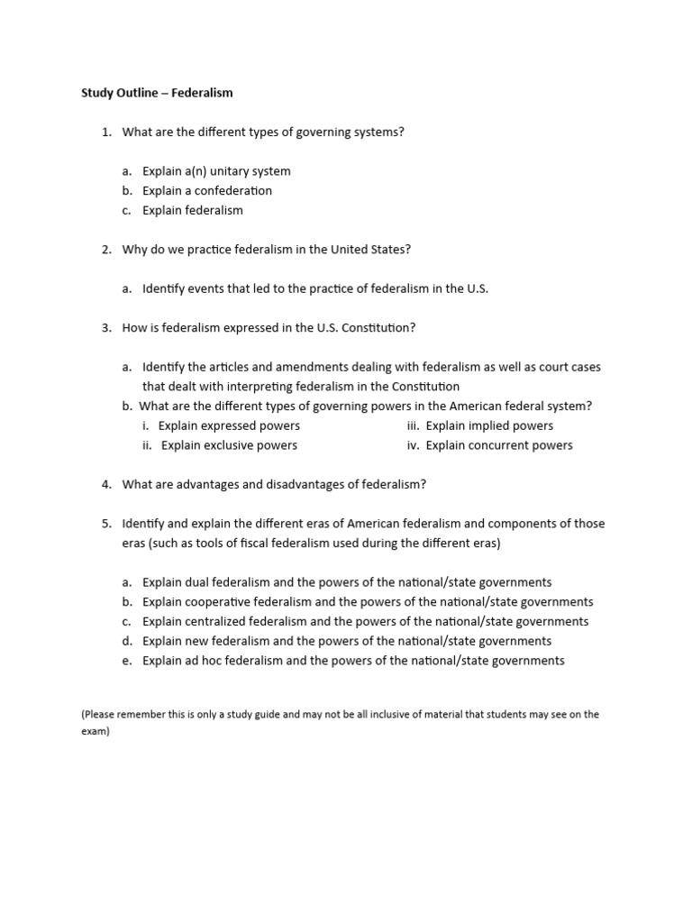 Federalism Study Guide Outline | PDF