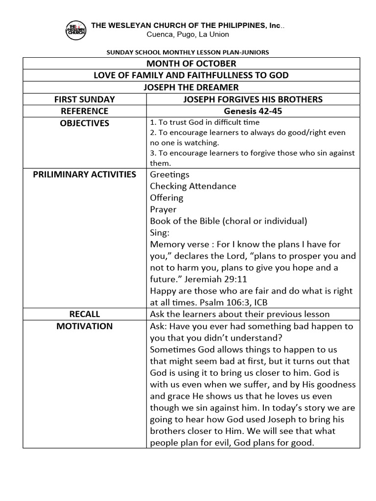 Juniors Lesson Plan Joseph Forgive His Brothers | PDF