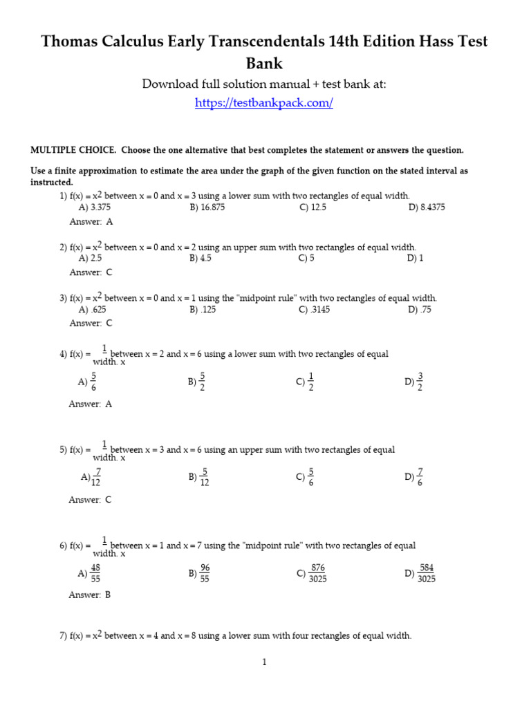 Thomas Calculus Early Transcendentals 14th Edition Hass Test Bank 1 | PDF