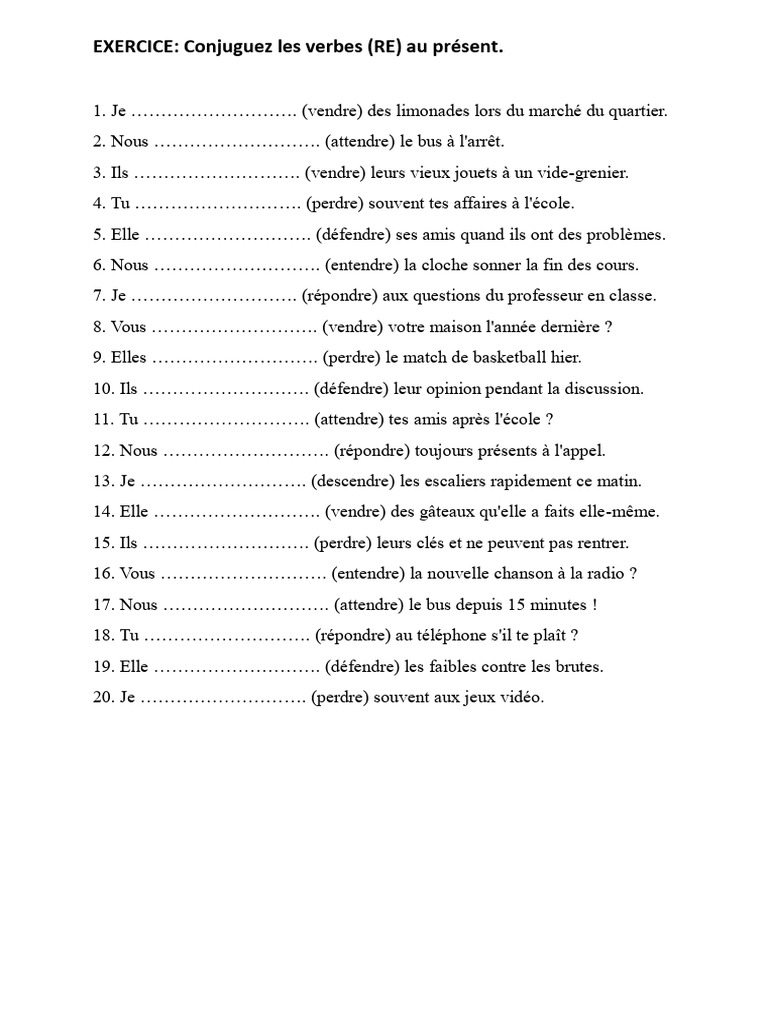 Exercices de conjugaison des verbes en -re | PDF
