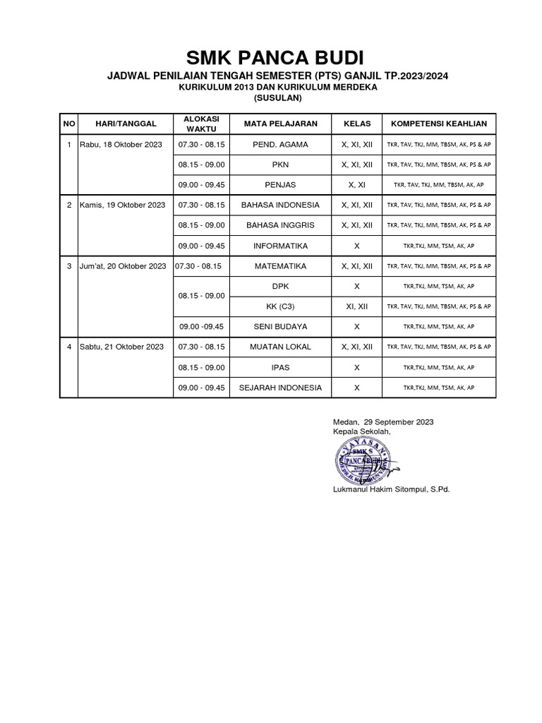 Jadwal Susulan PTS Ganjil TP.2023-2024 | PDF