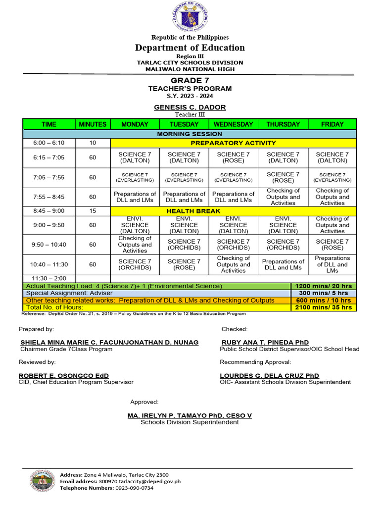 2023 2024 Grade 7 Teachers Program 1 | PDF